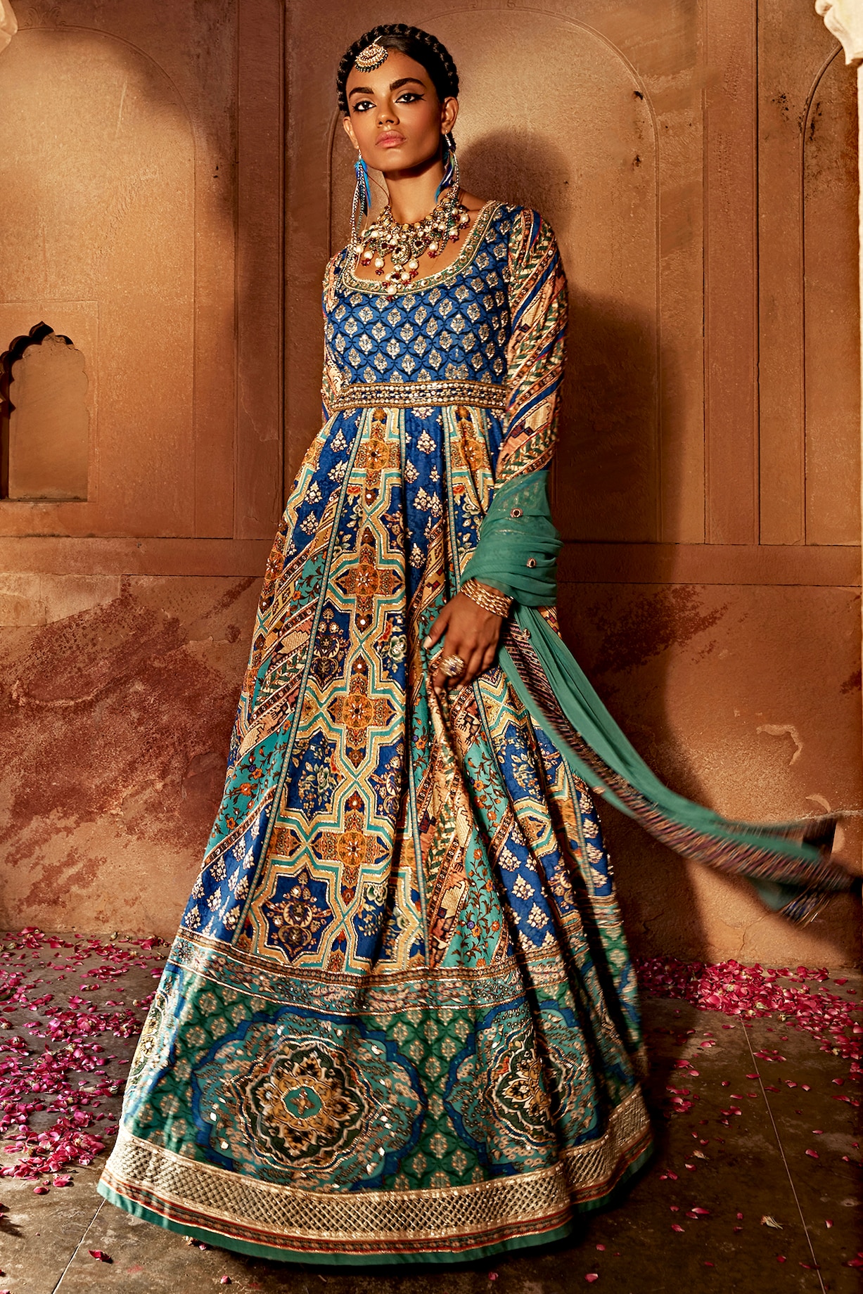 Blue Raw Silk Printed & Hand Adda Work Anarkali Set by Kalista at ...