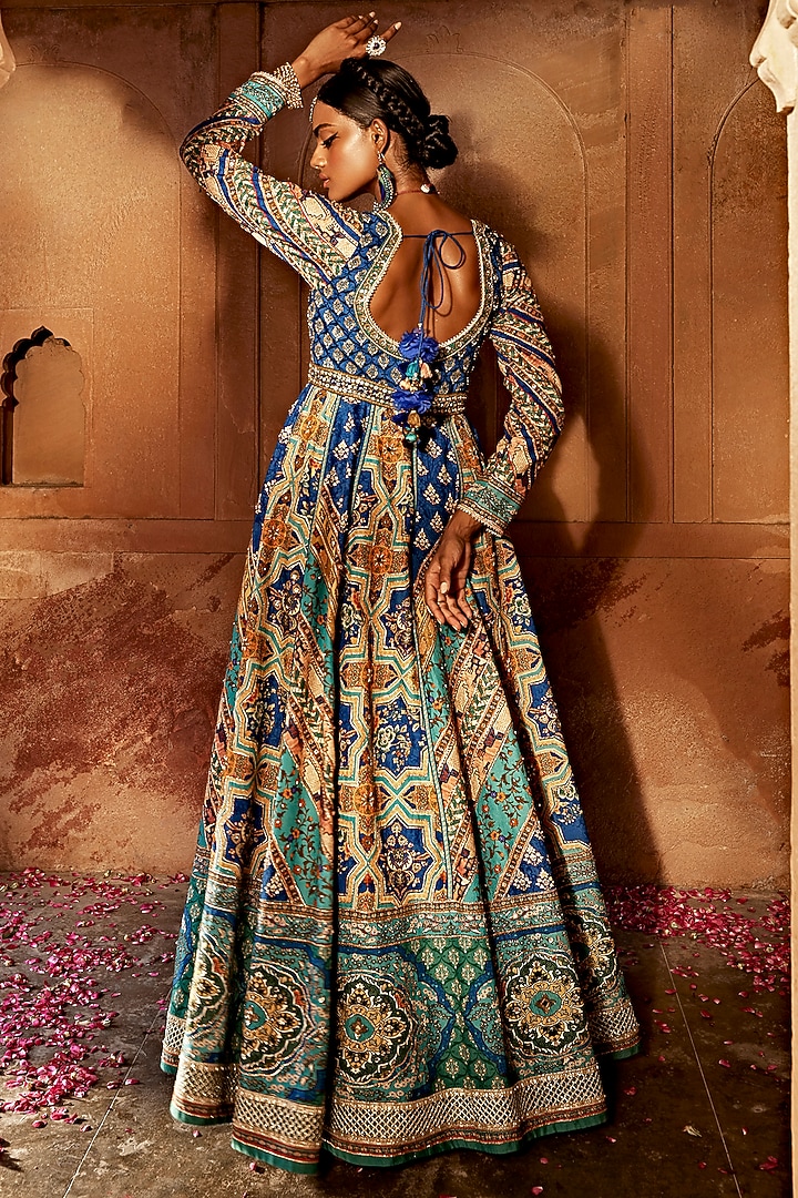 Blue Raw Silk Printed & Hand Adda Work Anarkali Set by Kalista at ...