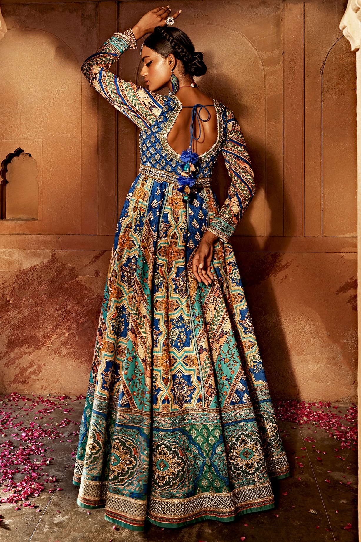 Blue Raw Silk Printed & Hand Adda Work Anarkali Set by Kalista at ...