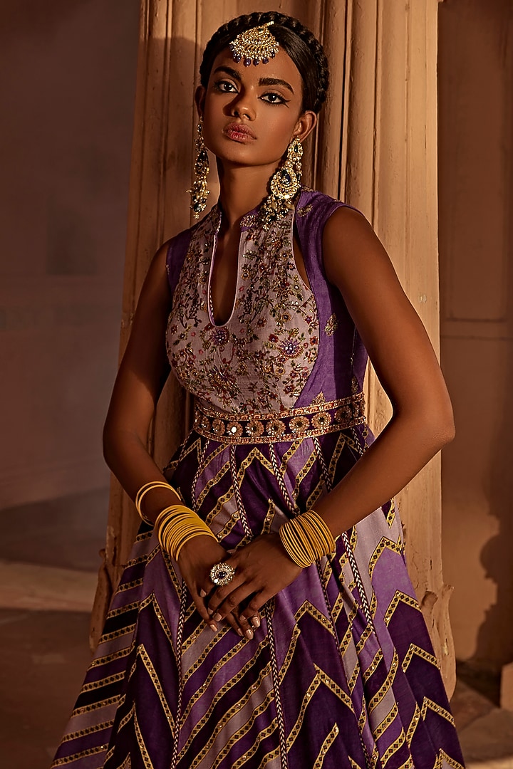 Purple Raw Silk Geometric Printed & Embroidered Anarkali Set by Kalista ...