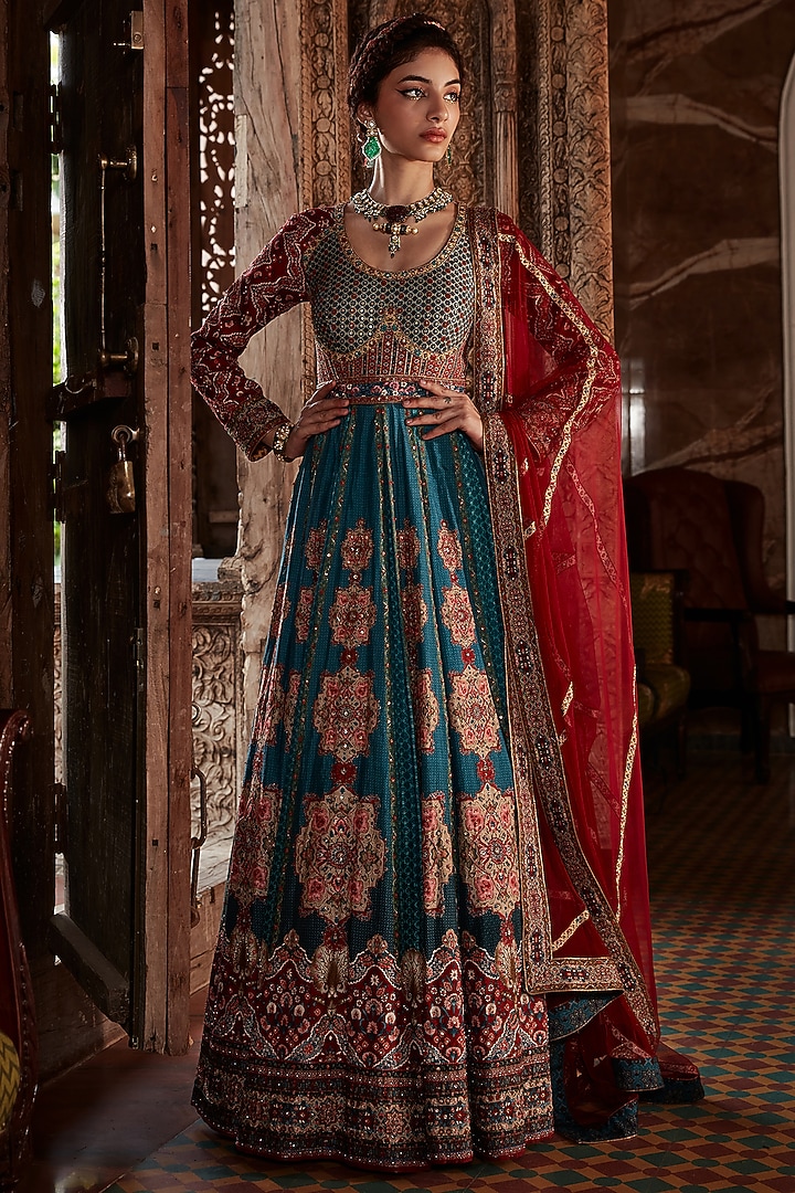 Teal Hand Embroidered Anarkali Set by Kalista at Pernia's Pop Up Shop 2025