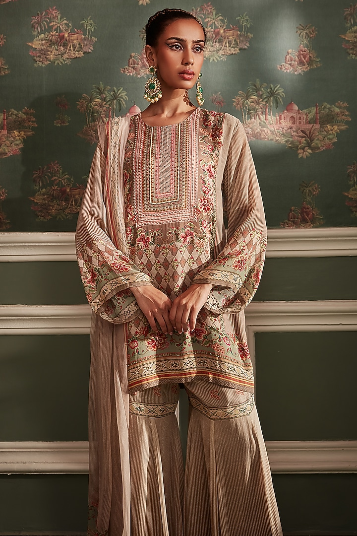 Beige Viscose Georgette Gharara Set by Kalista at Pernia's Pop Up Shop 2026