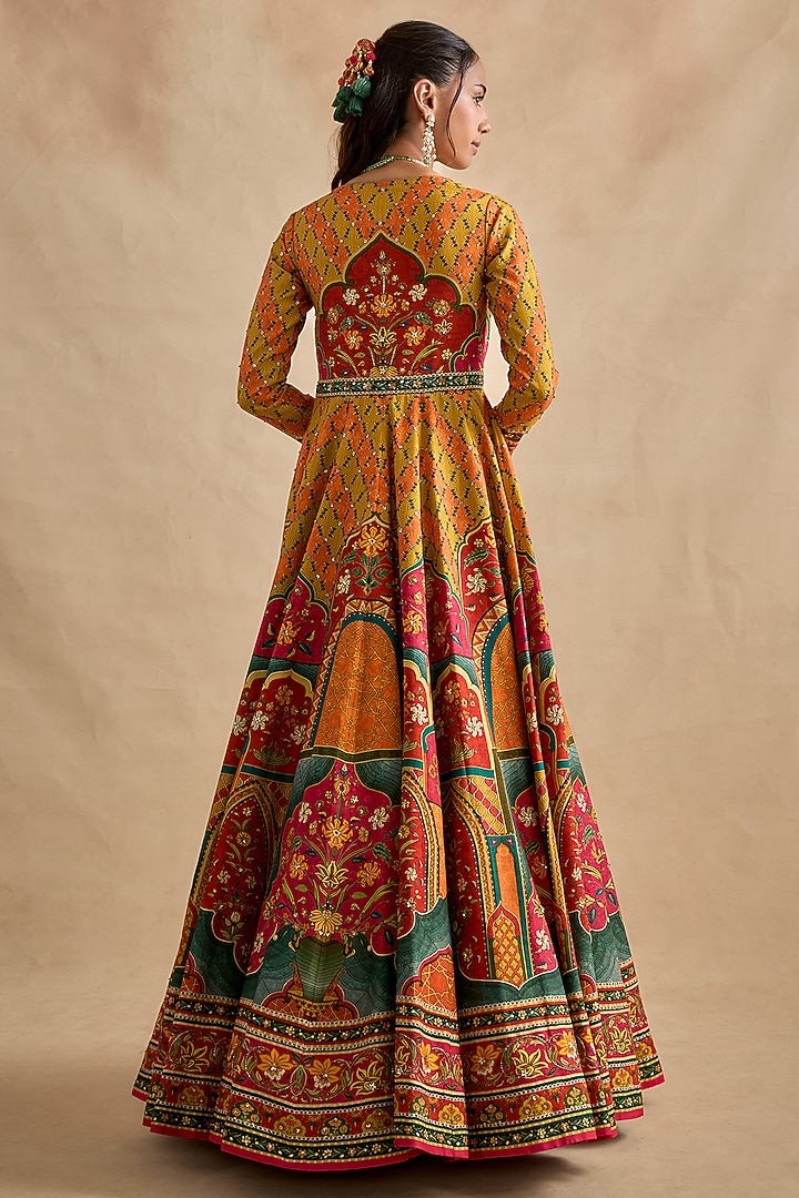Mustard Viscose Silk Thread Hand Embroidered Wedding Anarkali Set by ...