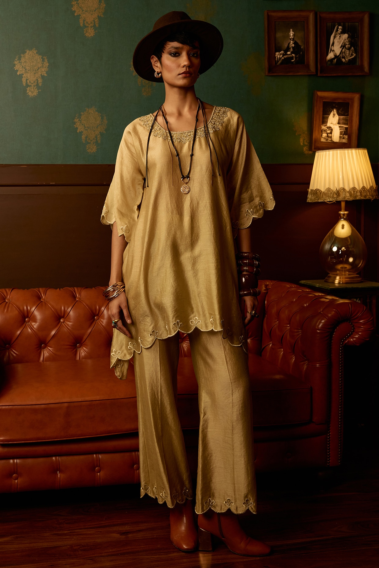 Pastel Sage Silk Chanderi Embroidered Kaftan Kurta Set by THE KLUB BY ...