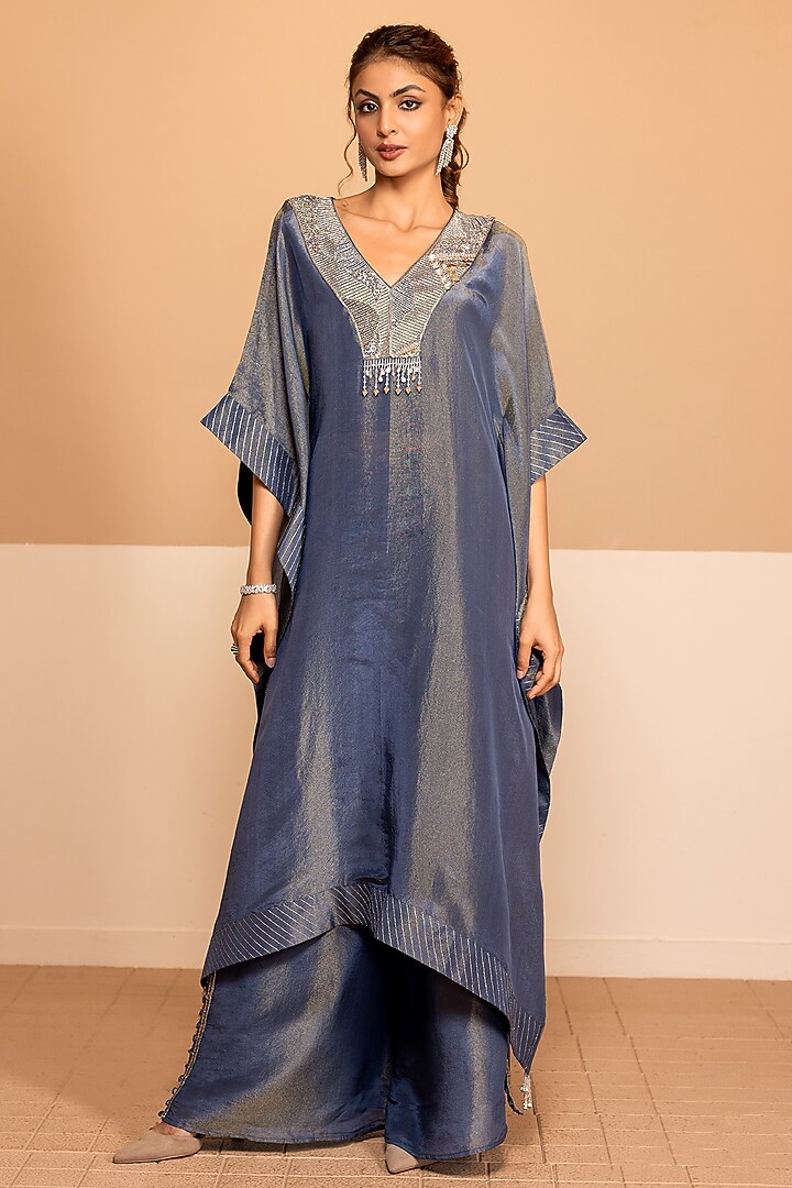 Midnight Blue Shimmer Tissue Bead Embellished Kaftan Set by Kelaayah at ...