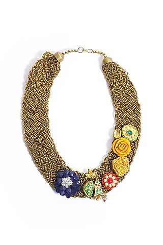 Dull Gold Finish Multi-Colored Kundan Polki & Beaded Necklace by Just ...