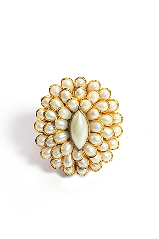 Dull Gold Plated Pearl & Pachi Work Ring by Just Shraddha at Pernia's ...