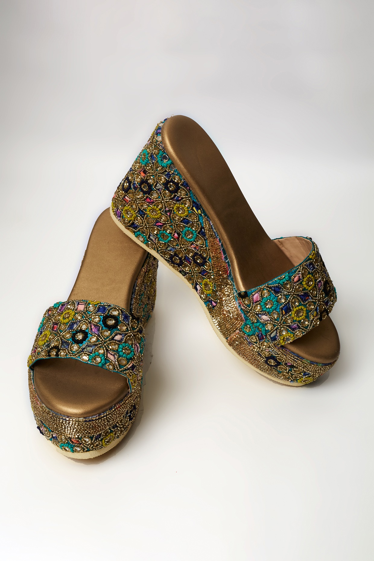 Blue & Green Hand Embroidered Wedges by KANYAADHAN BY DHIRAJAAYUSHI at ...