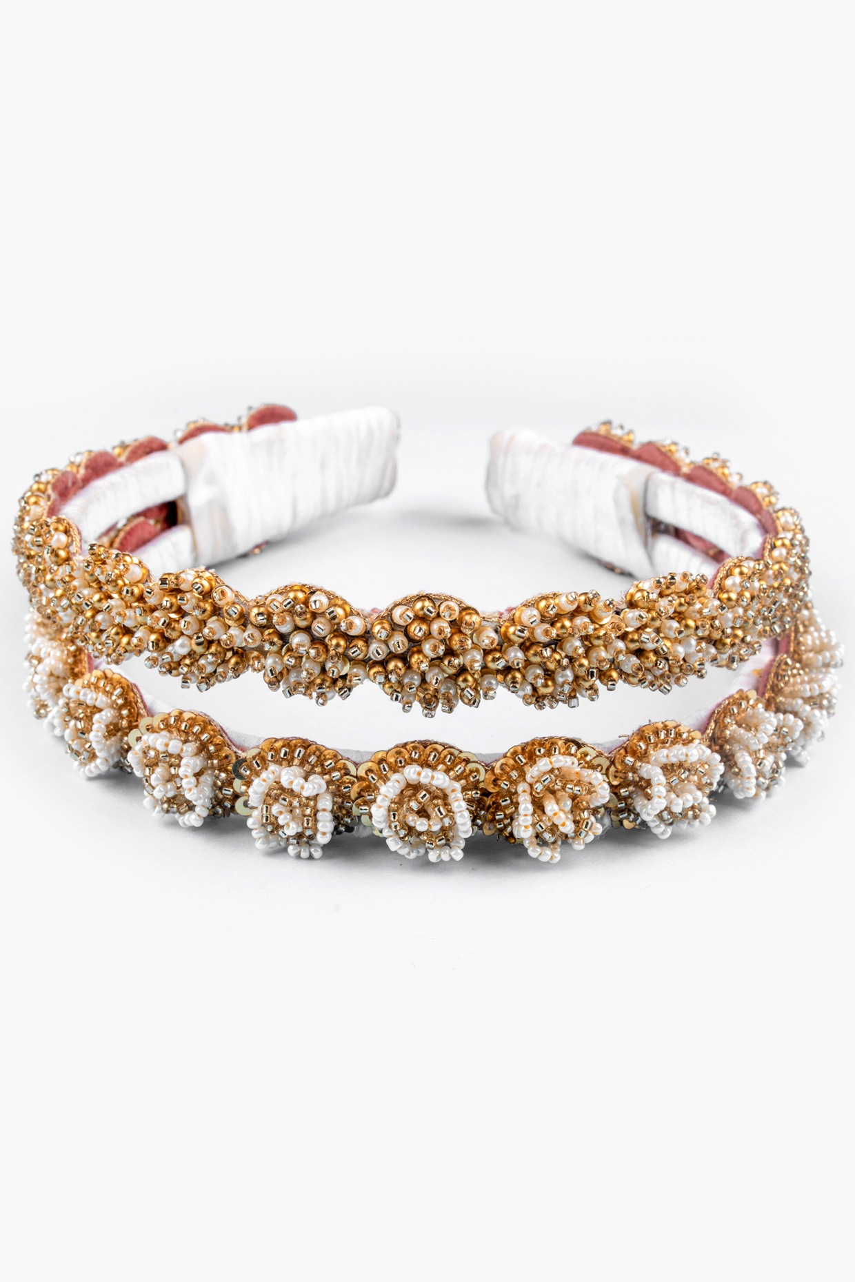 Gold Finish Pearl & Shell Headgear by KANYAADHAN BY DHIRAJAAYUSHI at ...