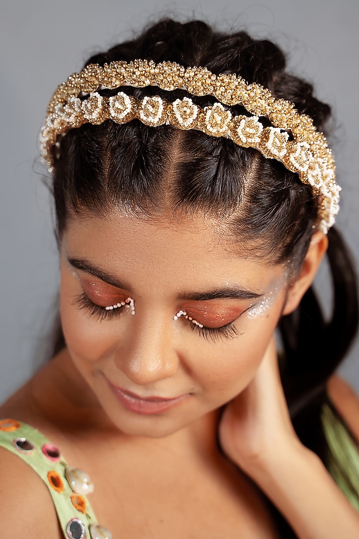 Gold Finish Pearl & Shell Headgear by KANYAADHAN BY DHIRAJAAYUSHI at ...