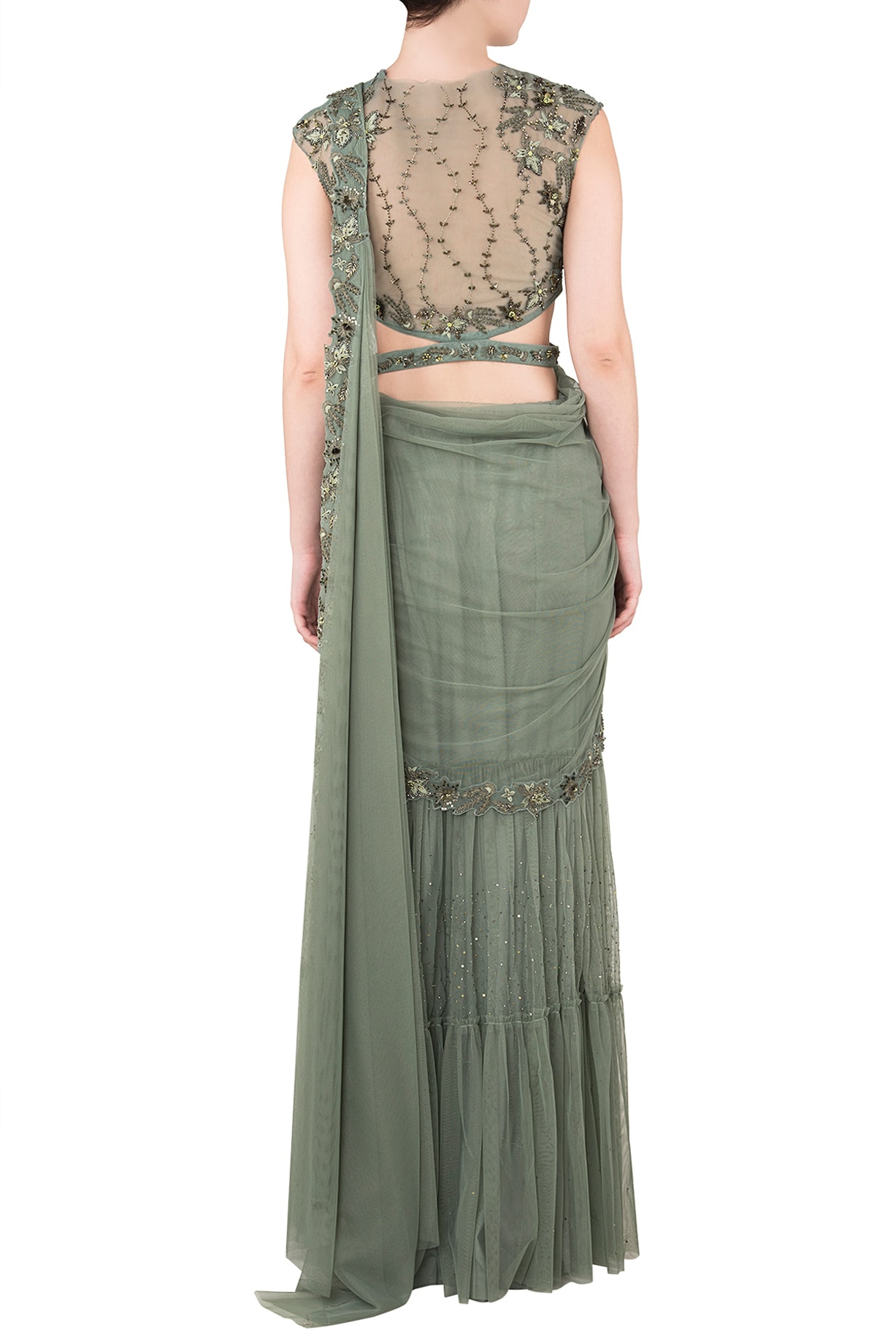 Moss green tiered sari with net cut out blouse available only at Pernia ...