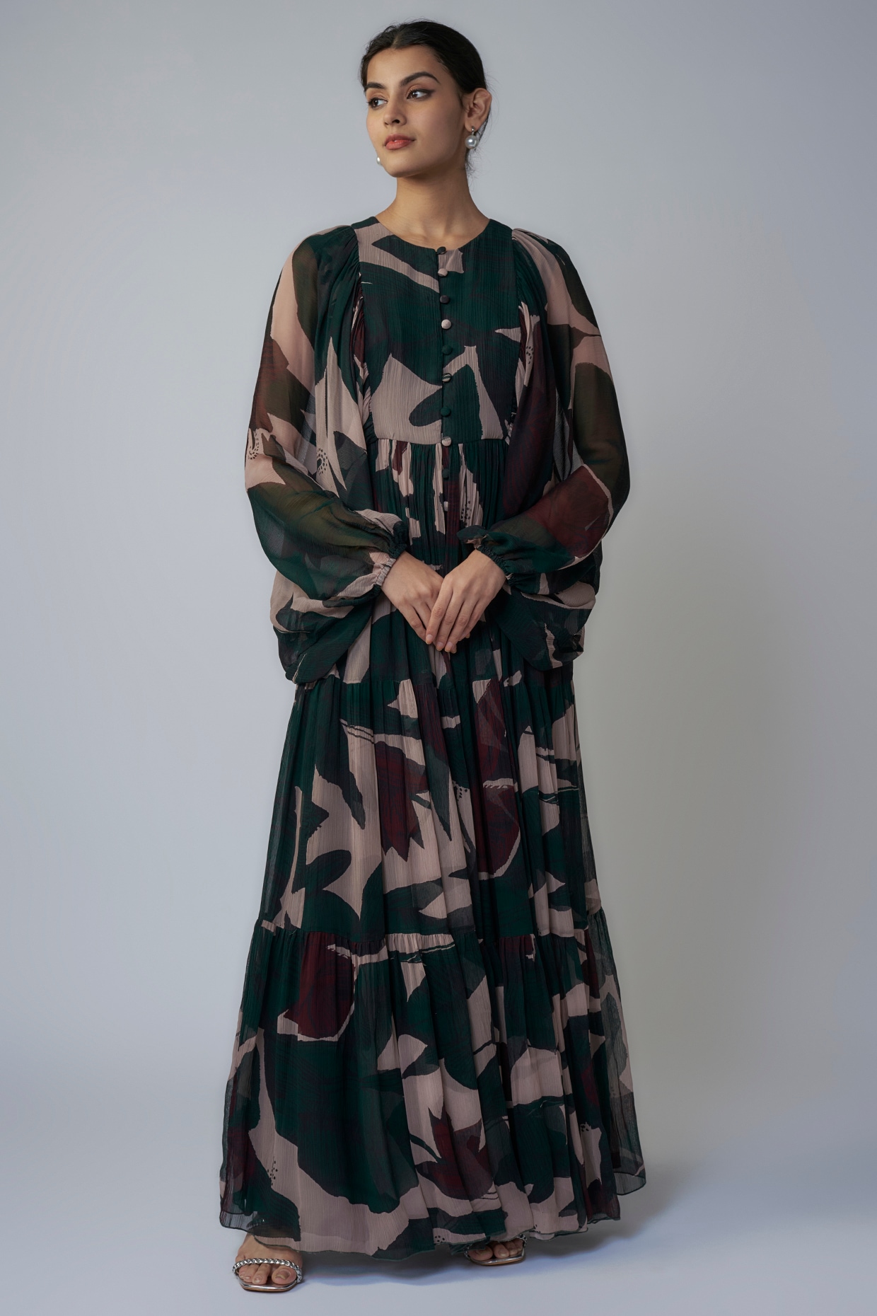 Dark Green & Beige Chiffon Digital Printed Maxi Dress by Koai at Pernia's Pop Up Shop 2025