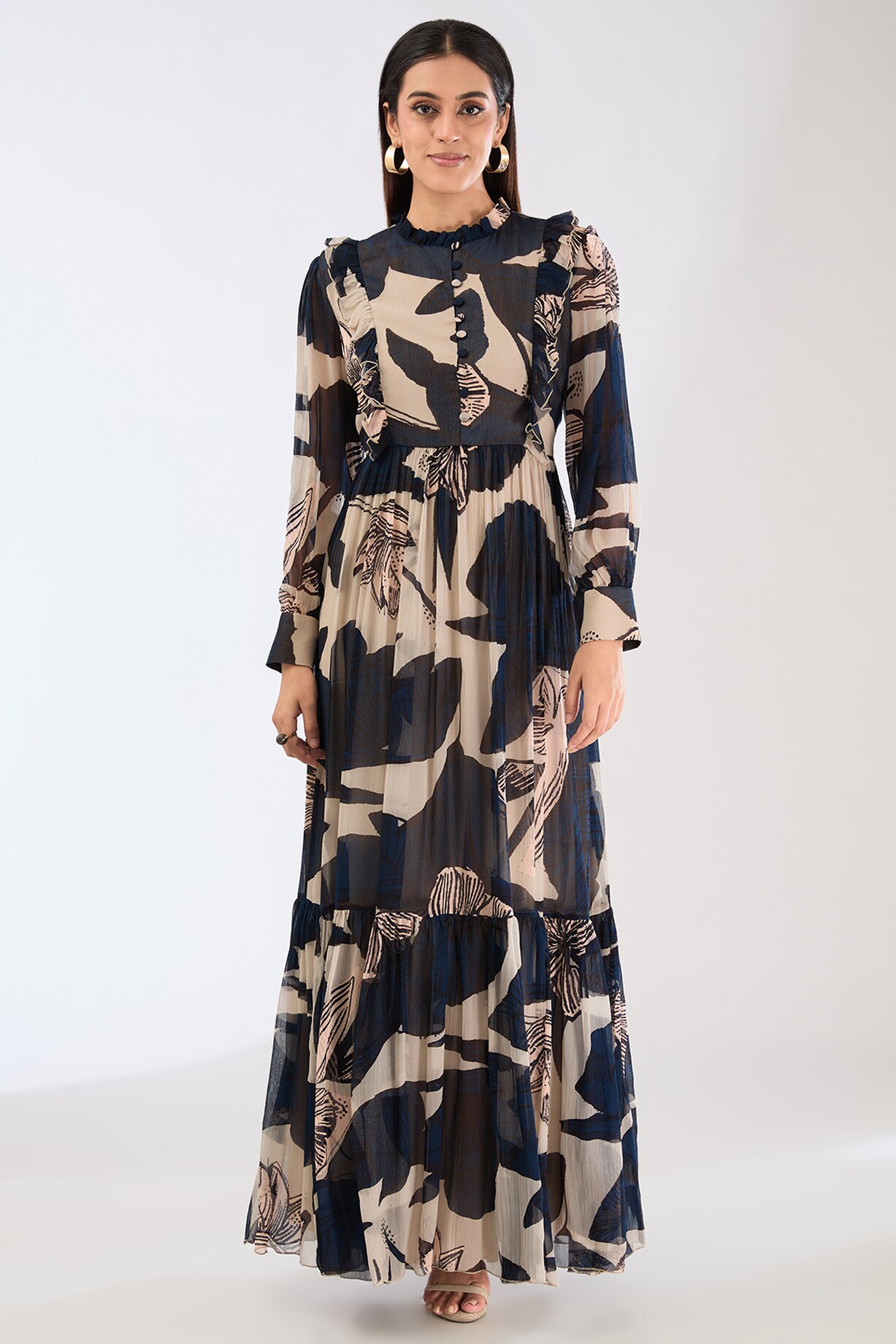 Blue & Off-White Chiffon Digital Floral Printed Maxi Dress by Koai at ...