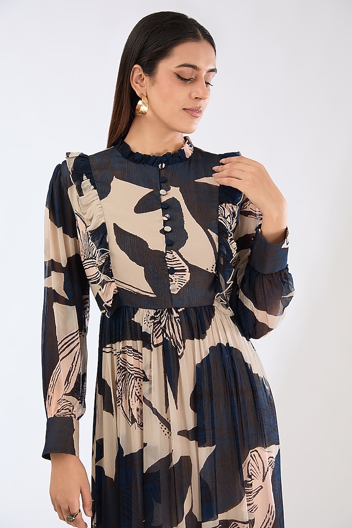 Blue & Off-White Chiffon Digital Floral Printed Maxi Vacation Dress by ...