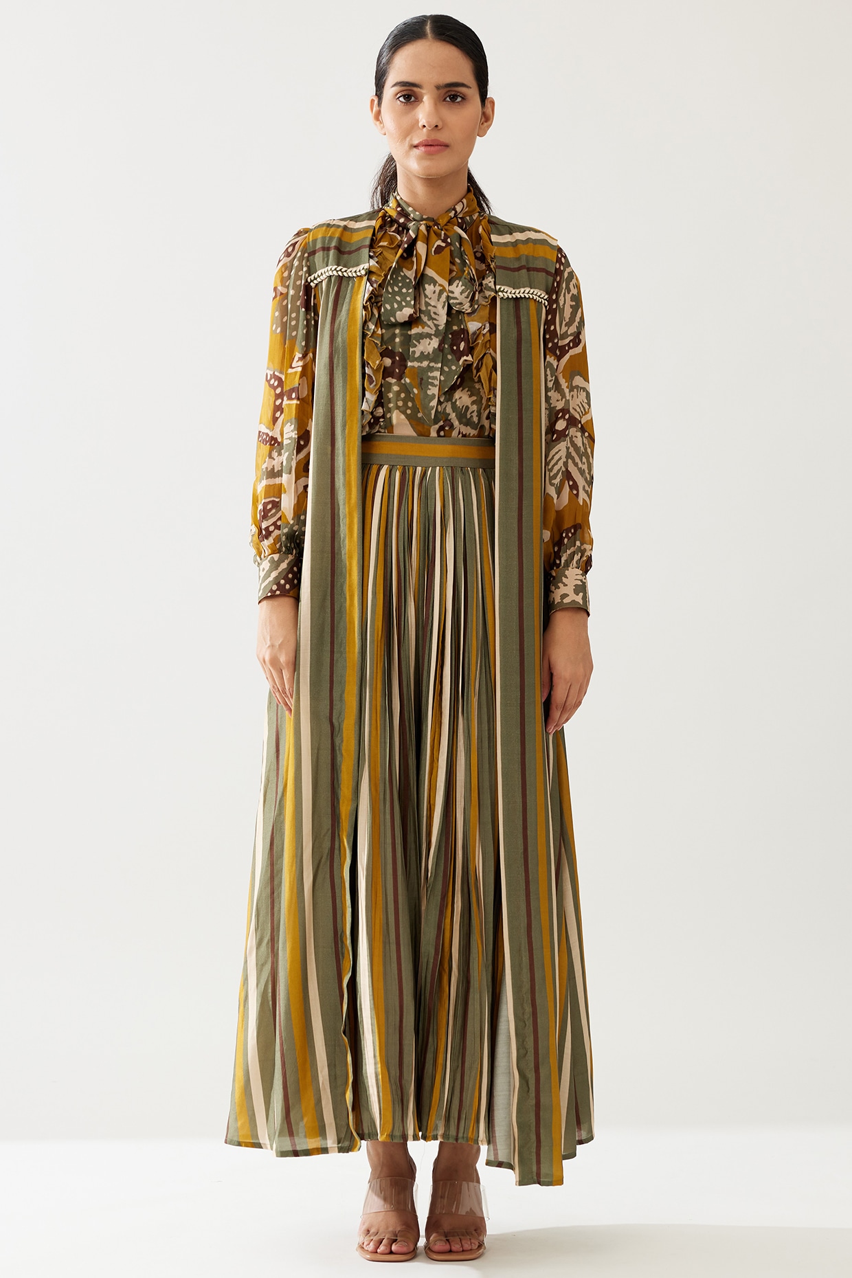 Mustard & Olive Green Cotton Silk Striped Cape by Koai at Pernia's Pop ...