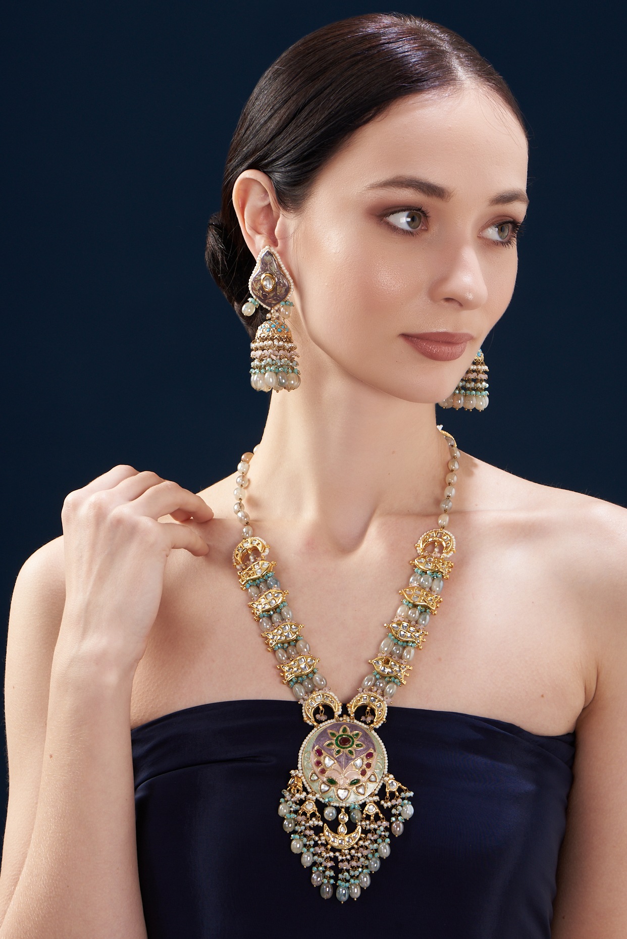 Gold Finish Kundan Polki Grey Moonstone Meenakari Long Necklace Set by Kohar By Kanika at Pernia s Pop Up Shop