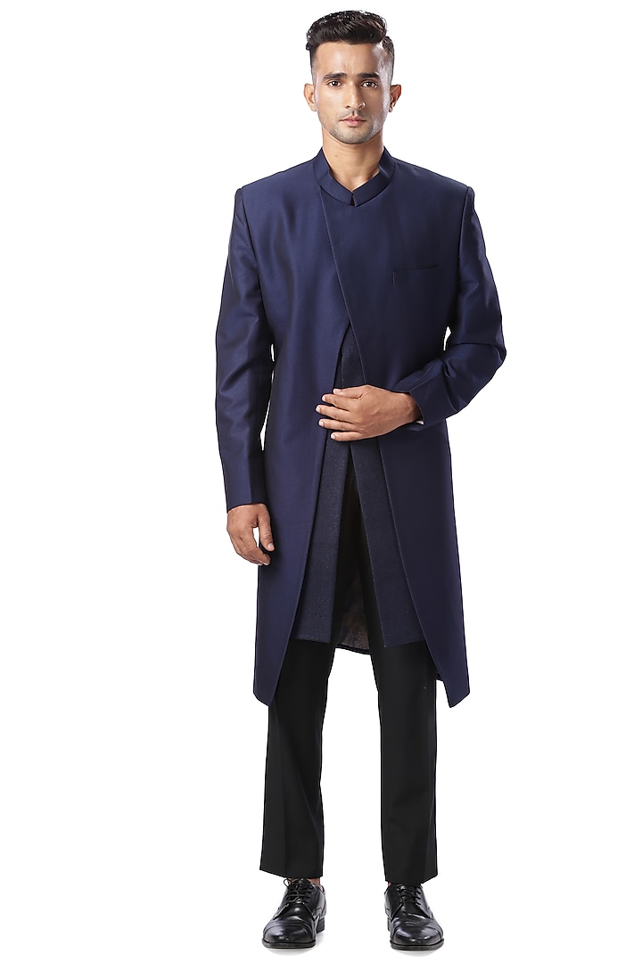 Navy Blue Achkan Sherwani Set Design by Kommal Sood at Pernia's Pop Up ...