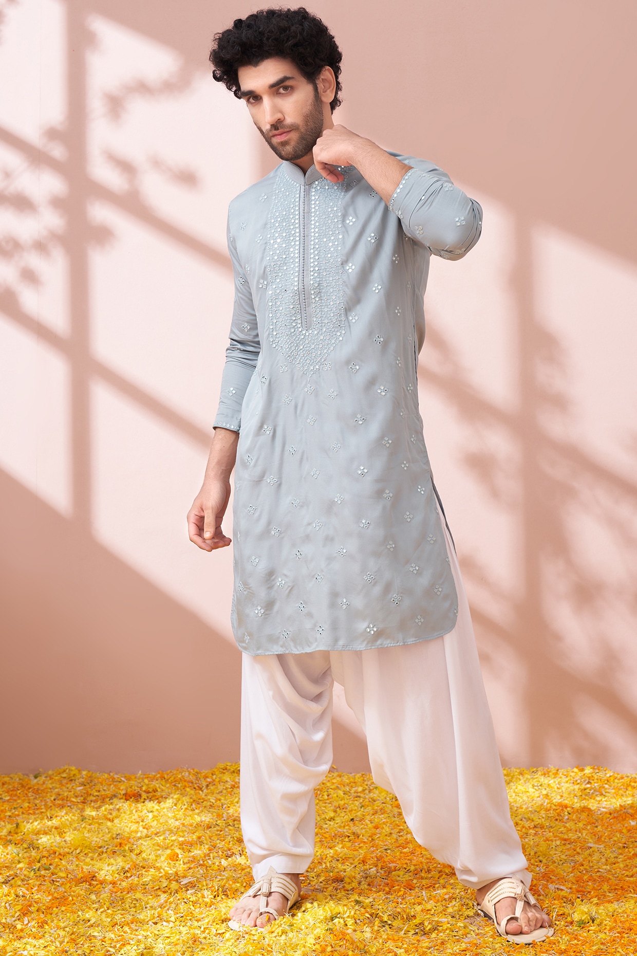 Powder Blue Embroidered Kurta Set by KORA BY NILESH MITESH at Pernia's ...