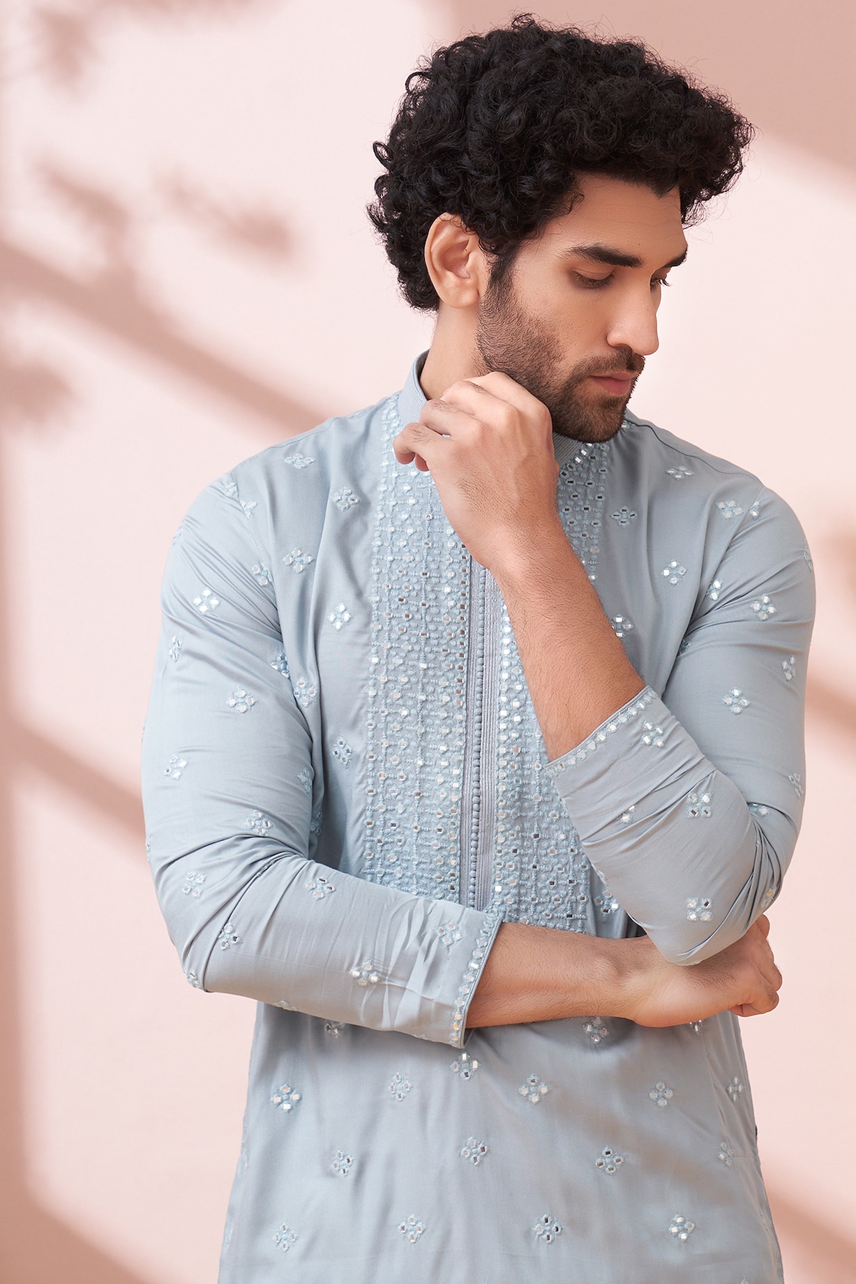 Powder Blue Embroidered Kurta Set by KORA BY NILESH MITESH at Pernia's ...