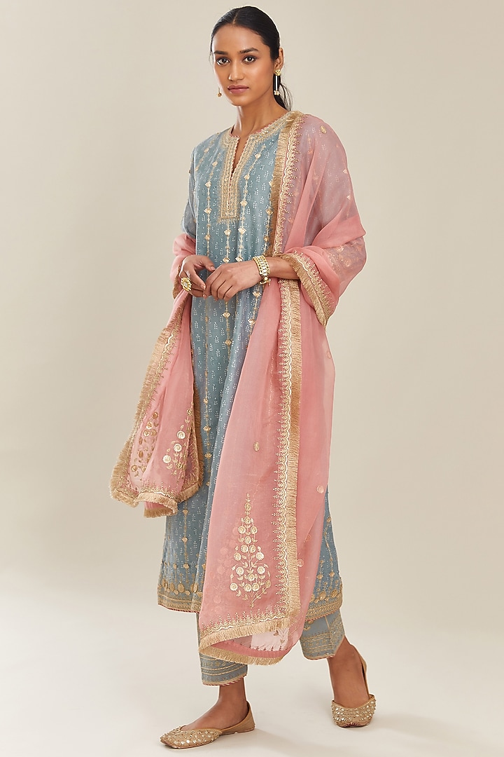 Powder Blue Hand Block Printed Kurta Set by Kora at Pernia's Pop Up ...