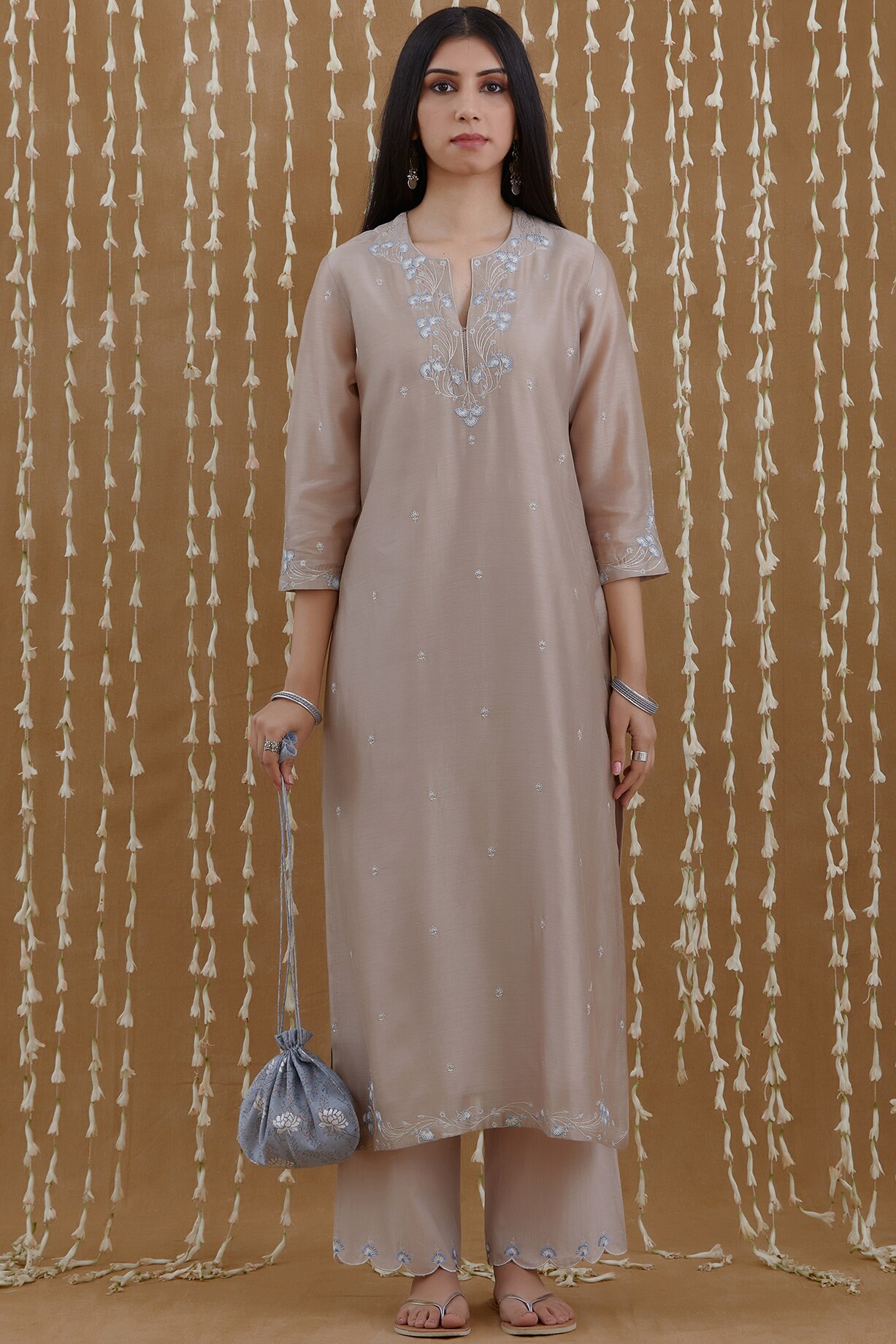 Mocha Colored Embroidered Straight Kurta Set by Kora at Pernia's Pop Up Shop 2025