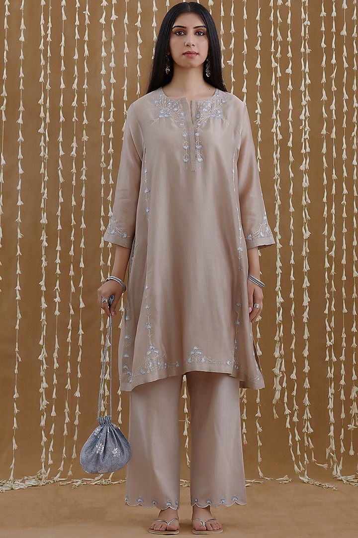 Mocha Colored Embroidered Short Kalidar Kurta Set by Kora at Pernia's Pop Up Shop 2025