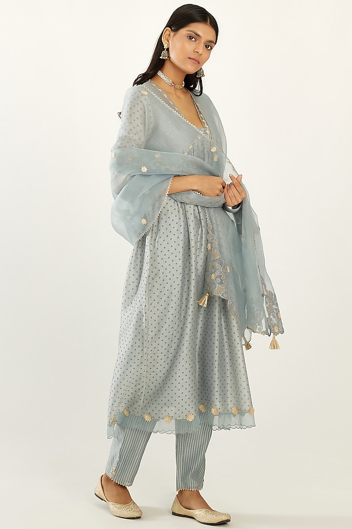 Powder Blue Block Printed Kurta Set by Kora at Pernia's Pop Up Shop 2025