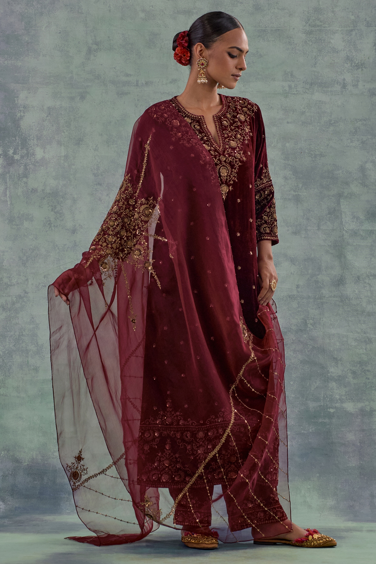Deep Maroon Silk Velvet Zari Hand Embroidered Kurta Set by Kora at ...