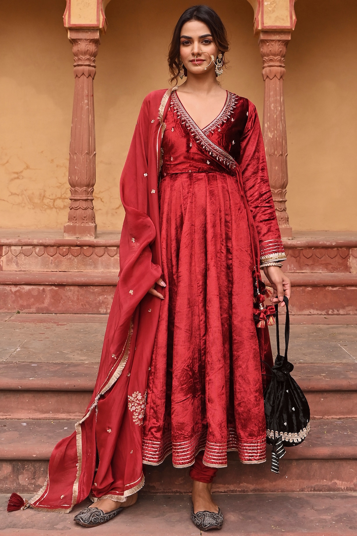 Red Velvet Hand Embroidered Angrakha Anarkali Set by Karaj Jaipur at ...