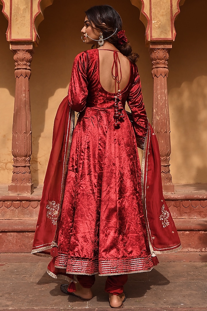 Red Velvet Hand Embroidered Angrakha Anarkali Set by Karaj Jaipur at ...