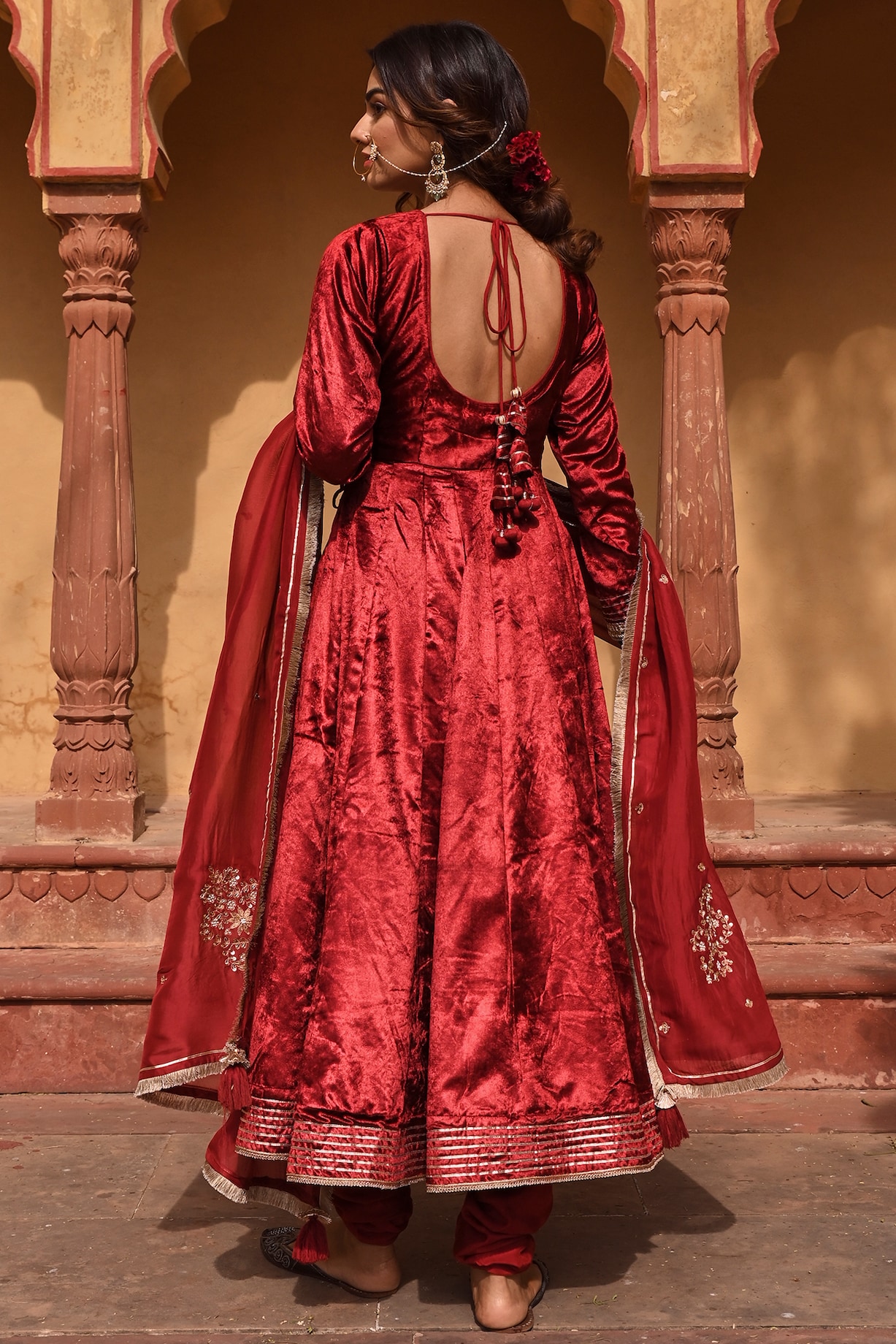 Red Velvet Hand Embroidered Angrakha Anarkali Set by Karaj Jaipur at ...