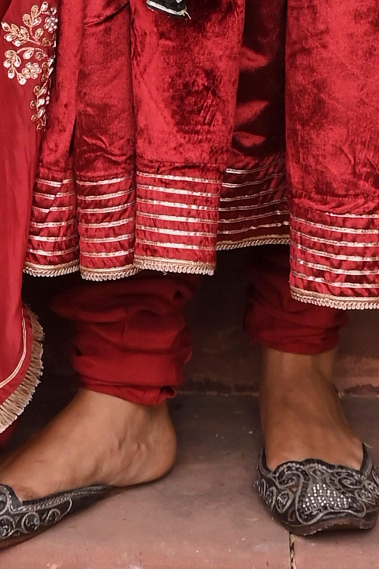 Red Velvet Hand Embroidered Angrakha Anarkali Set by Karaj Jaipur at ...