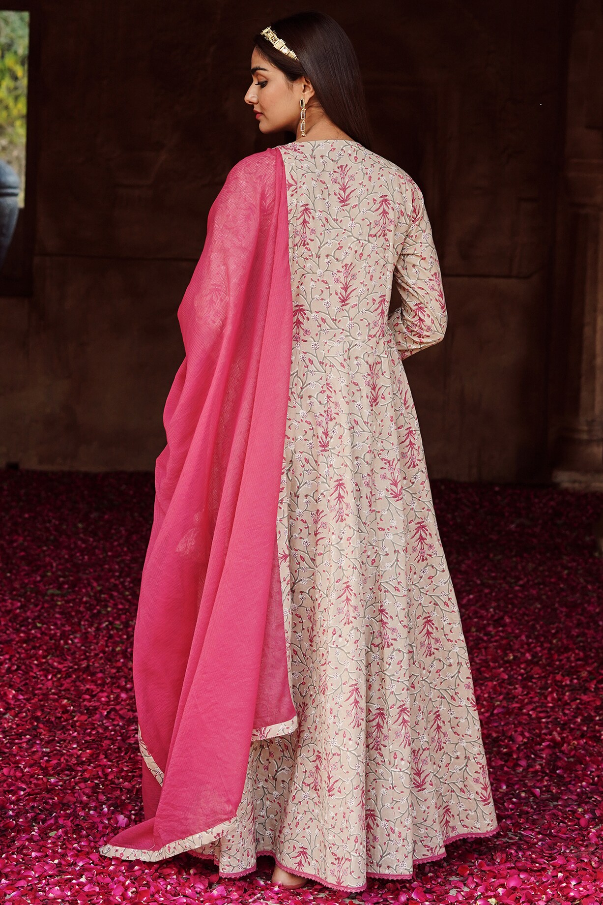 Beige Printed Angrakha Anarkali Set by Karaj Jaipur at Pernia's Pop Up ...