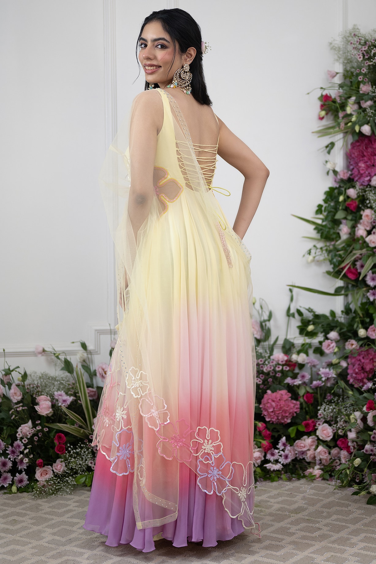 Multi-Colored Pastel Ombre Georgette Anarkali Set Design by KIRAN KALSI ...