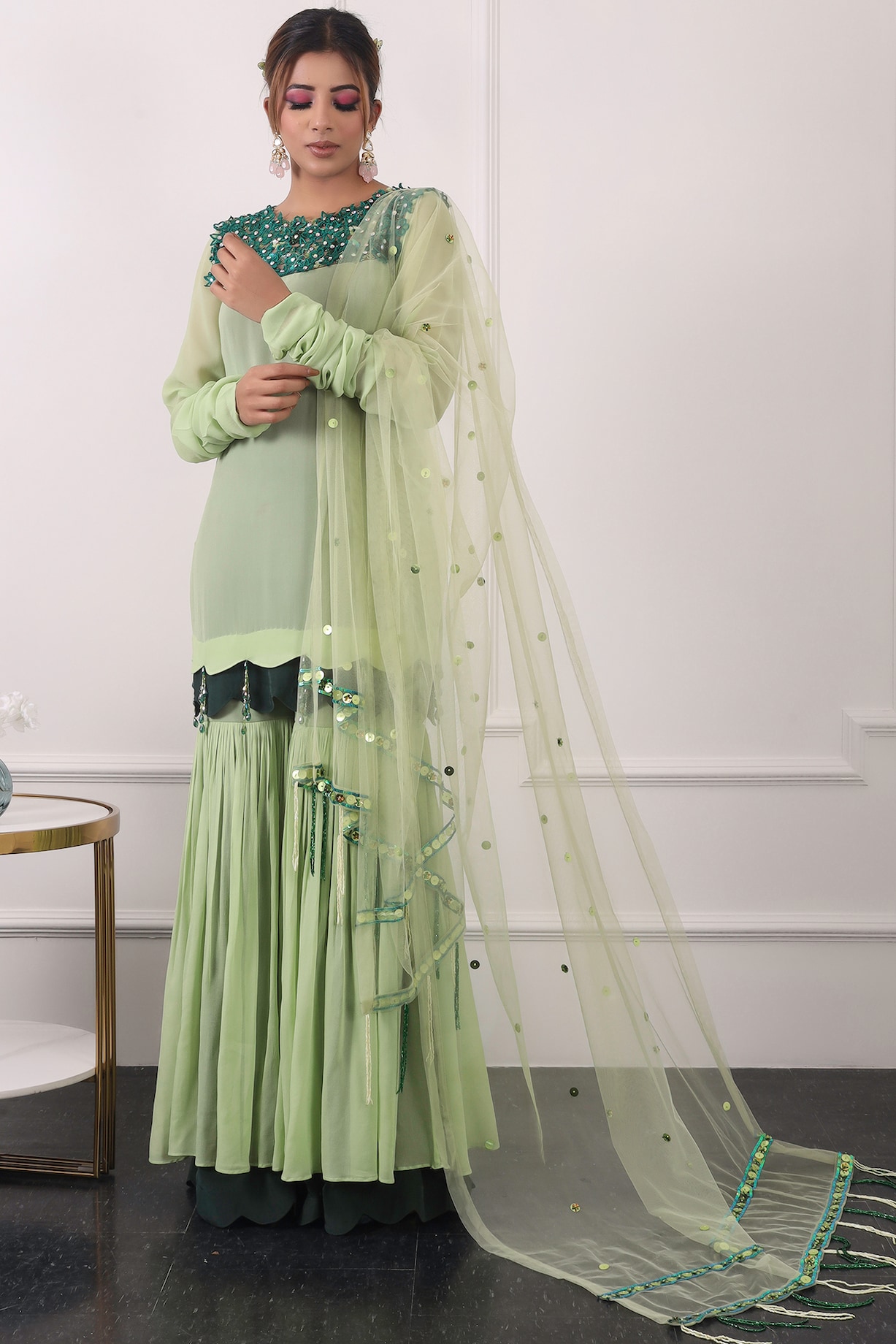 Green Georgette Layered Gharara Set by KIRAN KALSI at Pernia's Pop Up ...