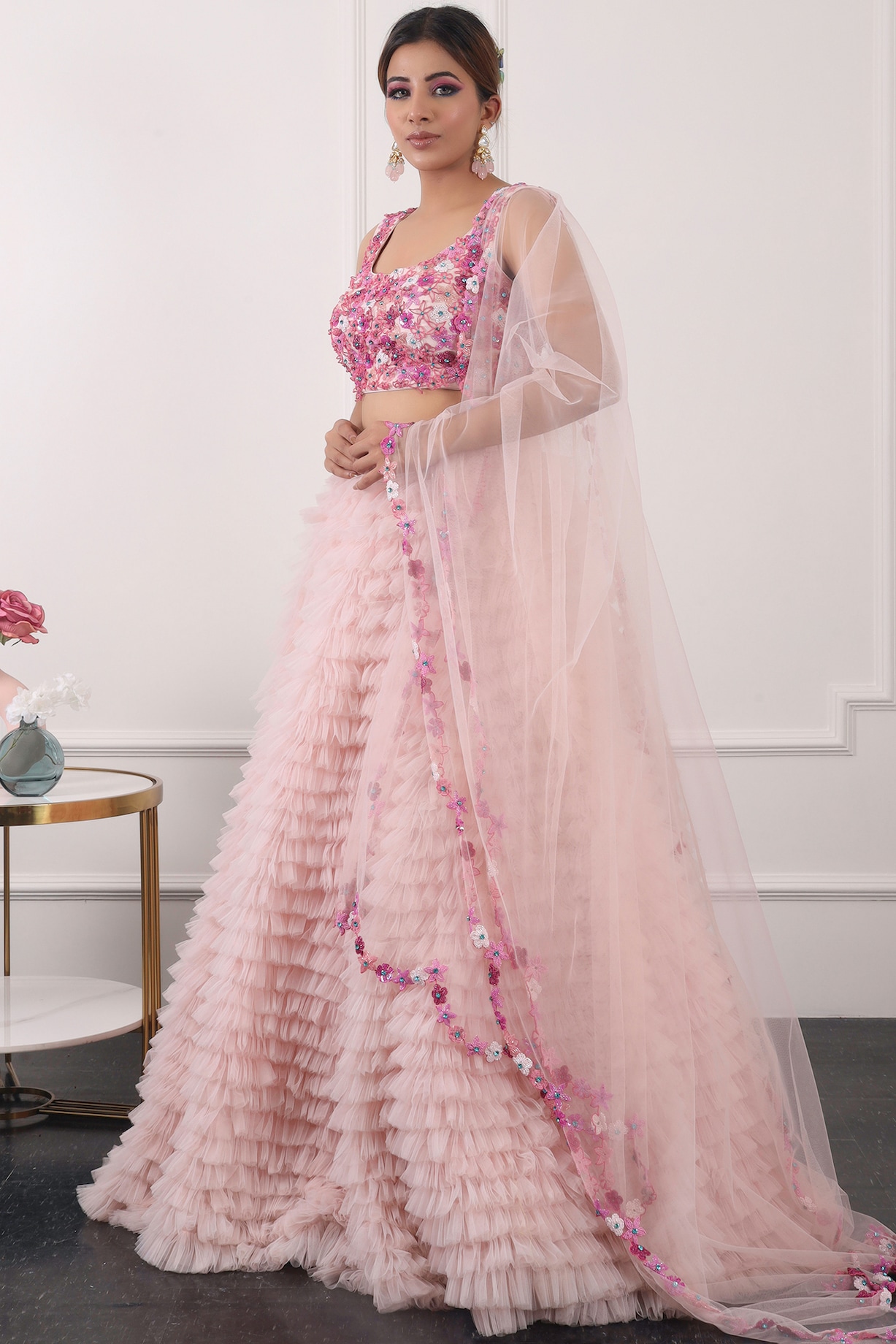 Pastel Pink Net Ruffled Wedding Lehenga Set by KIRAN KALSI at Pernia's ...