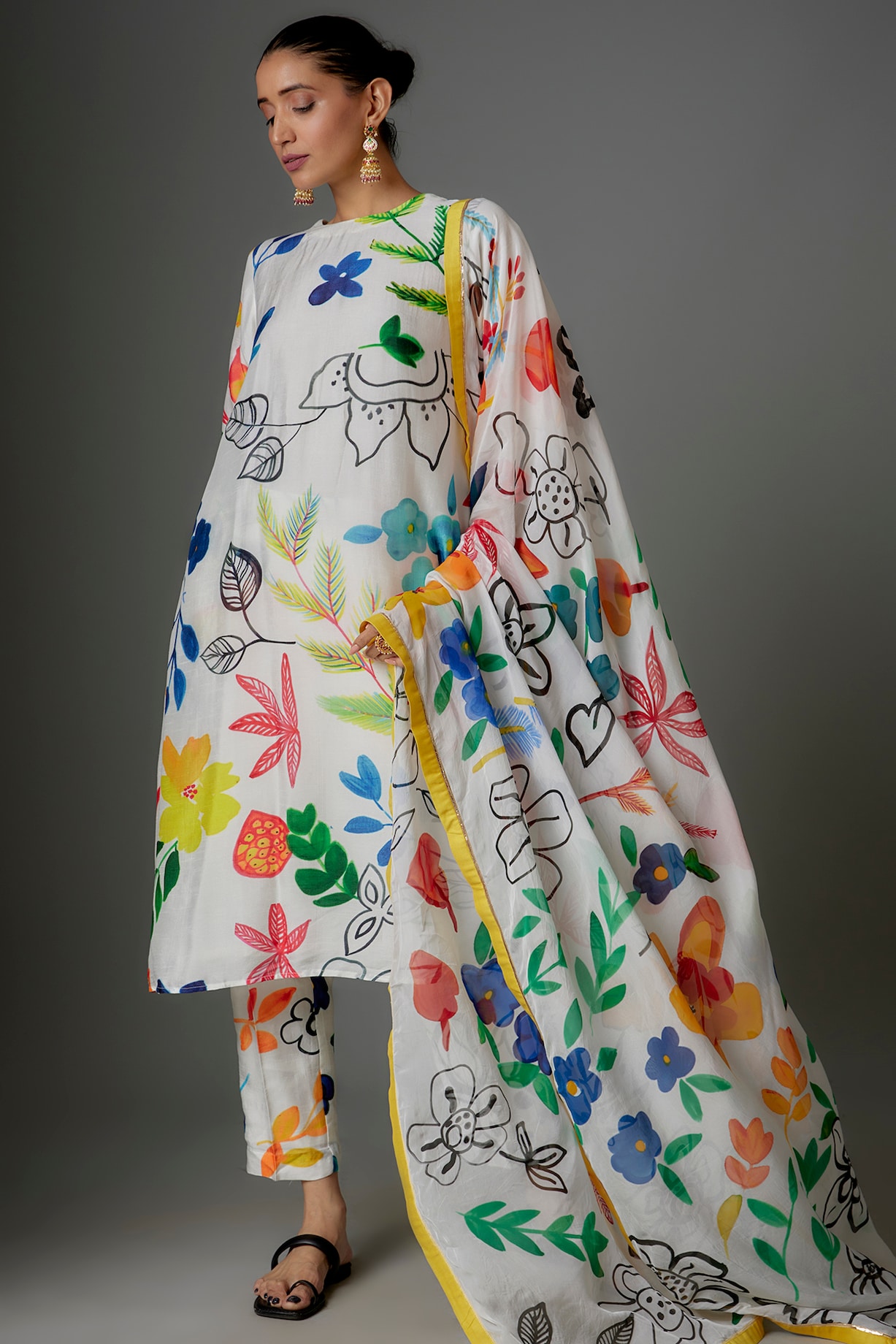 Multi-Colored Dupion Silk Hand Painted Kurta Set by Kriti Bapna at ...