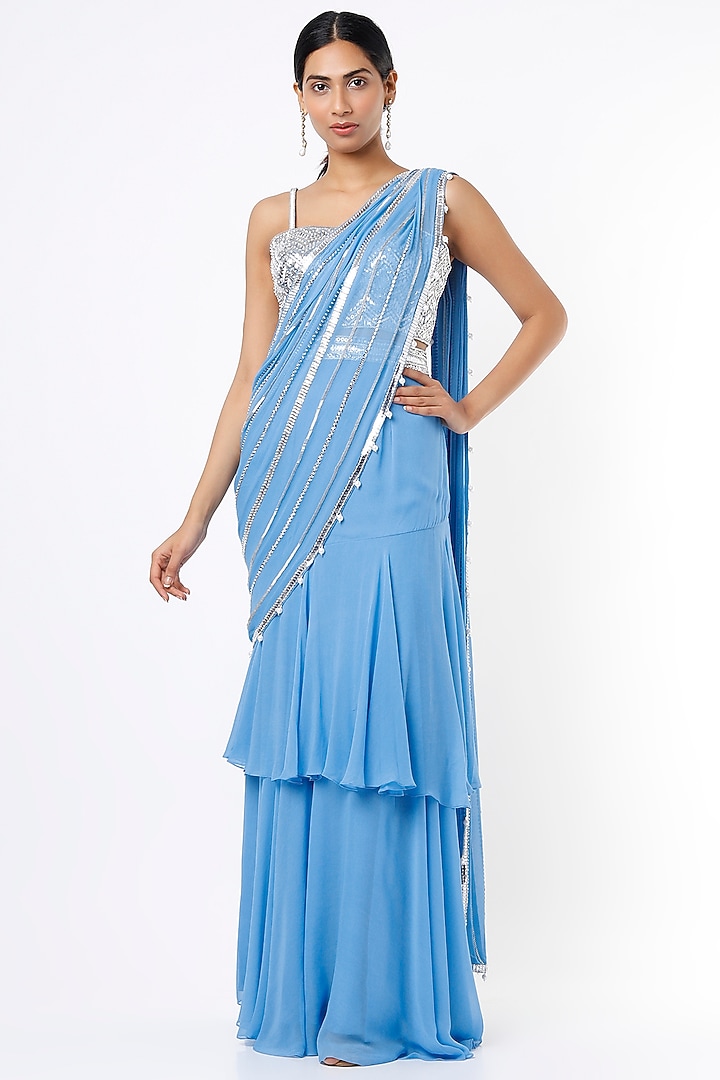 Ferozi Blue Georgette Sequins Embroidered Ruffled Saree Set With Belt ...