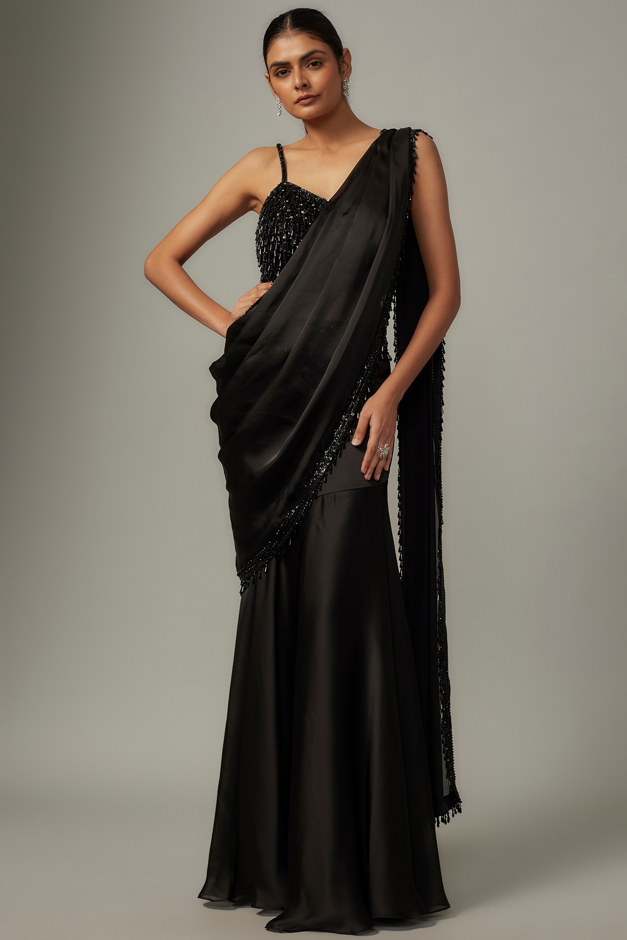 Black Satin & Raw Silk Embroidered Fish-Cut Saree Set by Kresha Lulla ...