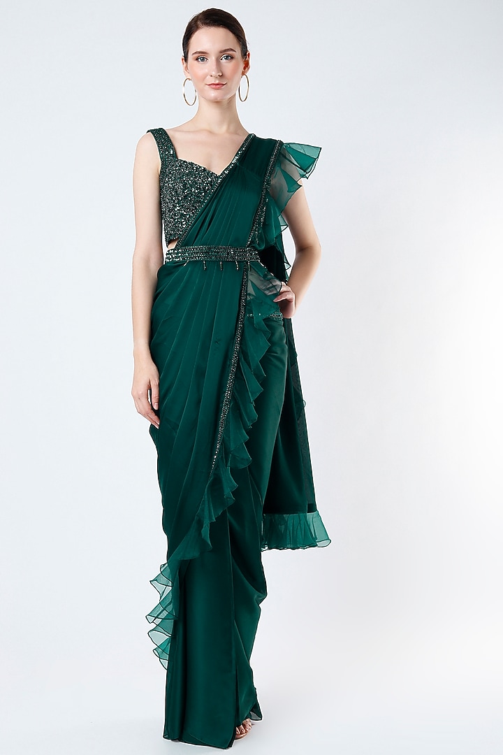 Dark Green Sequins Ruffled Saree Set by Kresha Lulla at Pernia's Pop Up ...