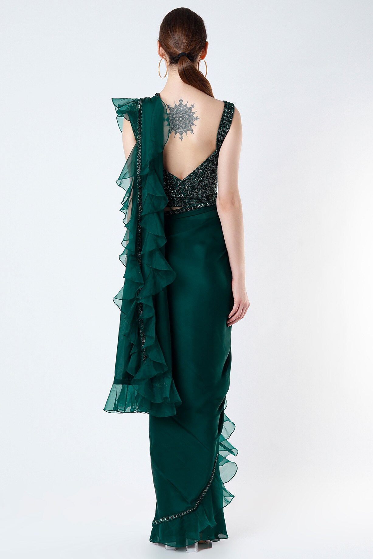 Dark Green Sequins Ruffled Saree Set by Kresha Lulla at Pernia's Pop Up ...