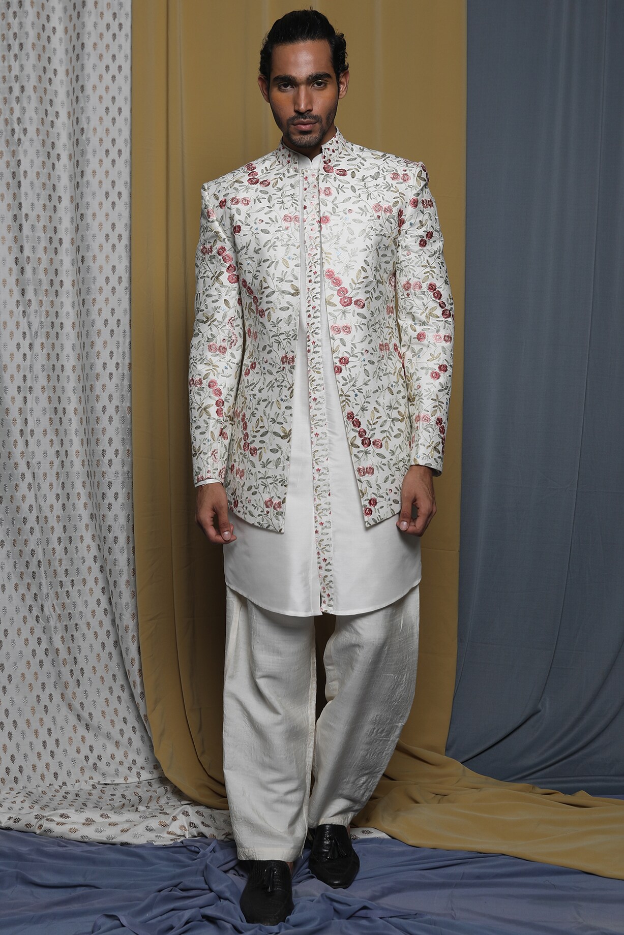 Buy Krishna Mehta Men Off-White Cotton Viscose Embroidered Indowestern ...