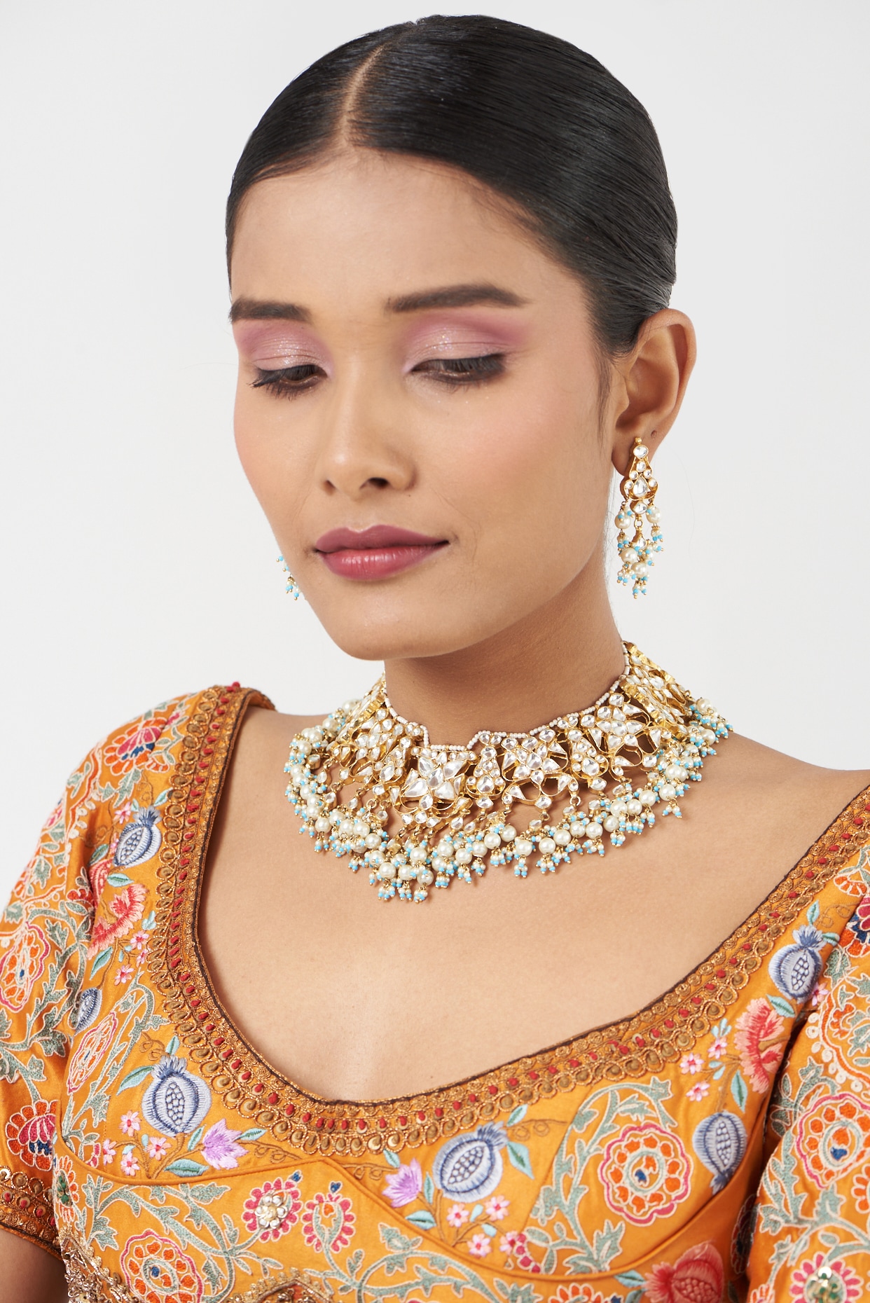 Gold Finish Kundan Polki & Firoza Beads Necklace Set by Kreart at ...