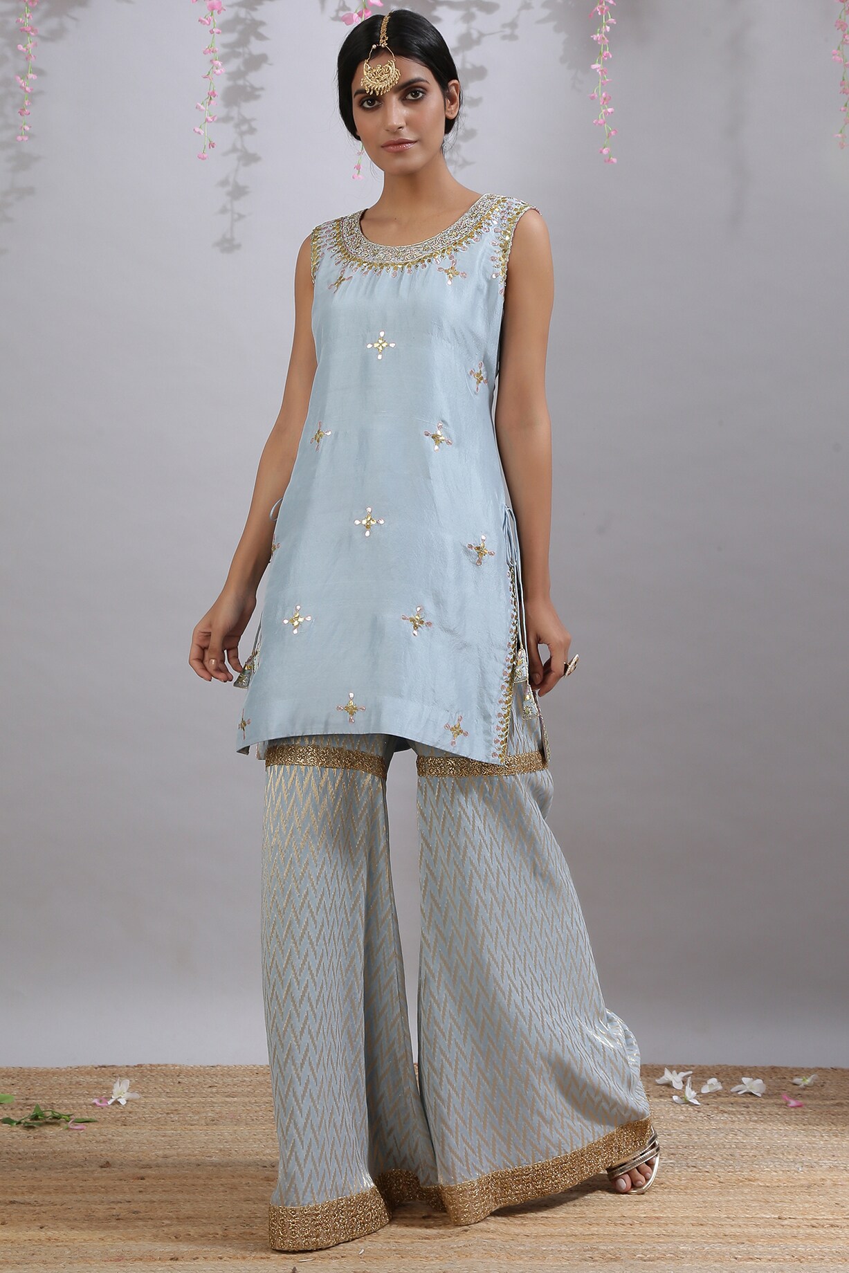 Sky Blue Crepe Hand Embroidered Gharara Set by Kanika sharma at Pernia ...
