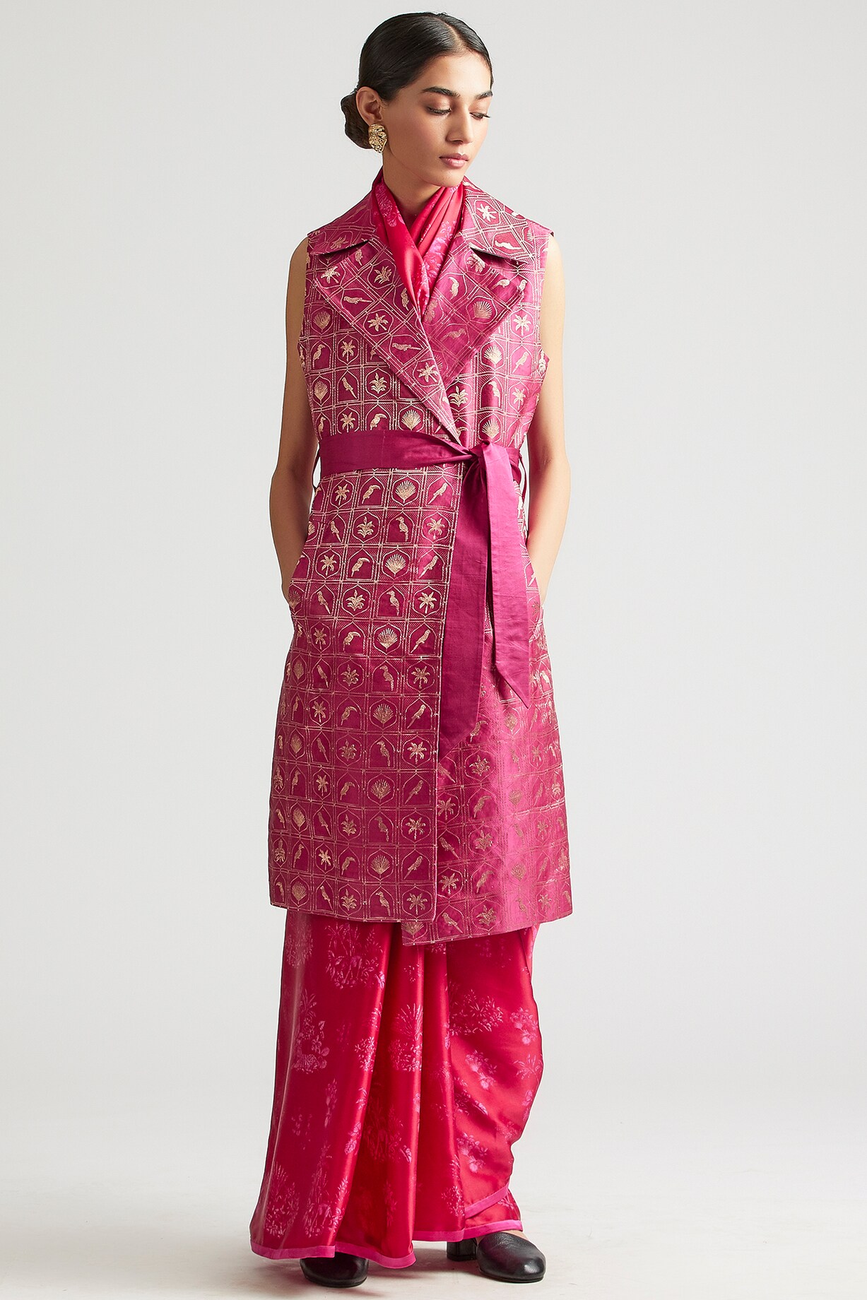 Cherry Red Silk Satin Crepe Printed Jacket Saree Set by Kshitij Jalori ...