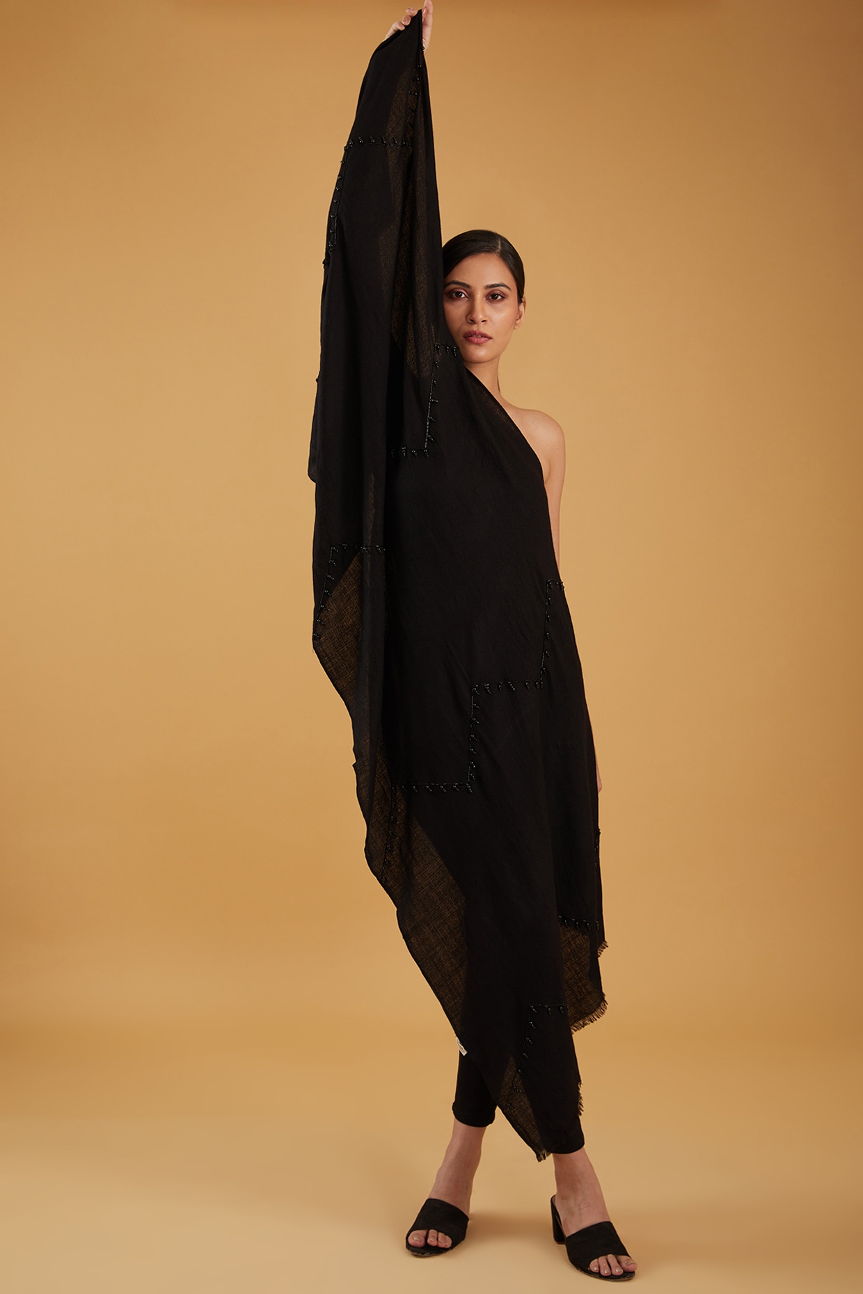 Black Merino Wool Beaded Stole by KSTORY at Pernia's Pop Up Shop 2025