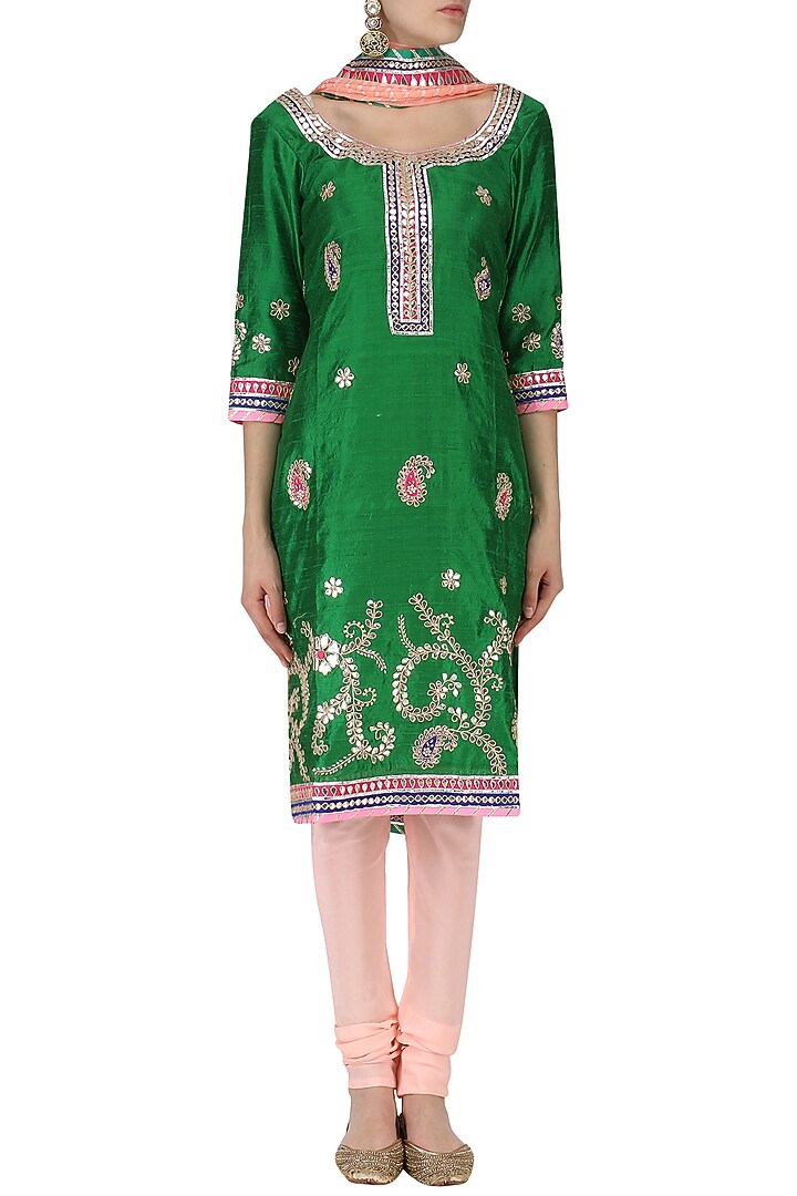 Emerald green gota embroidered kurta and churidar pants set available ...