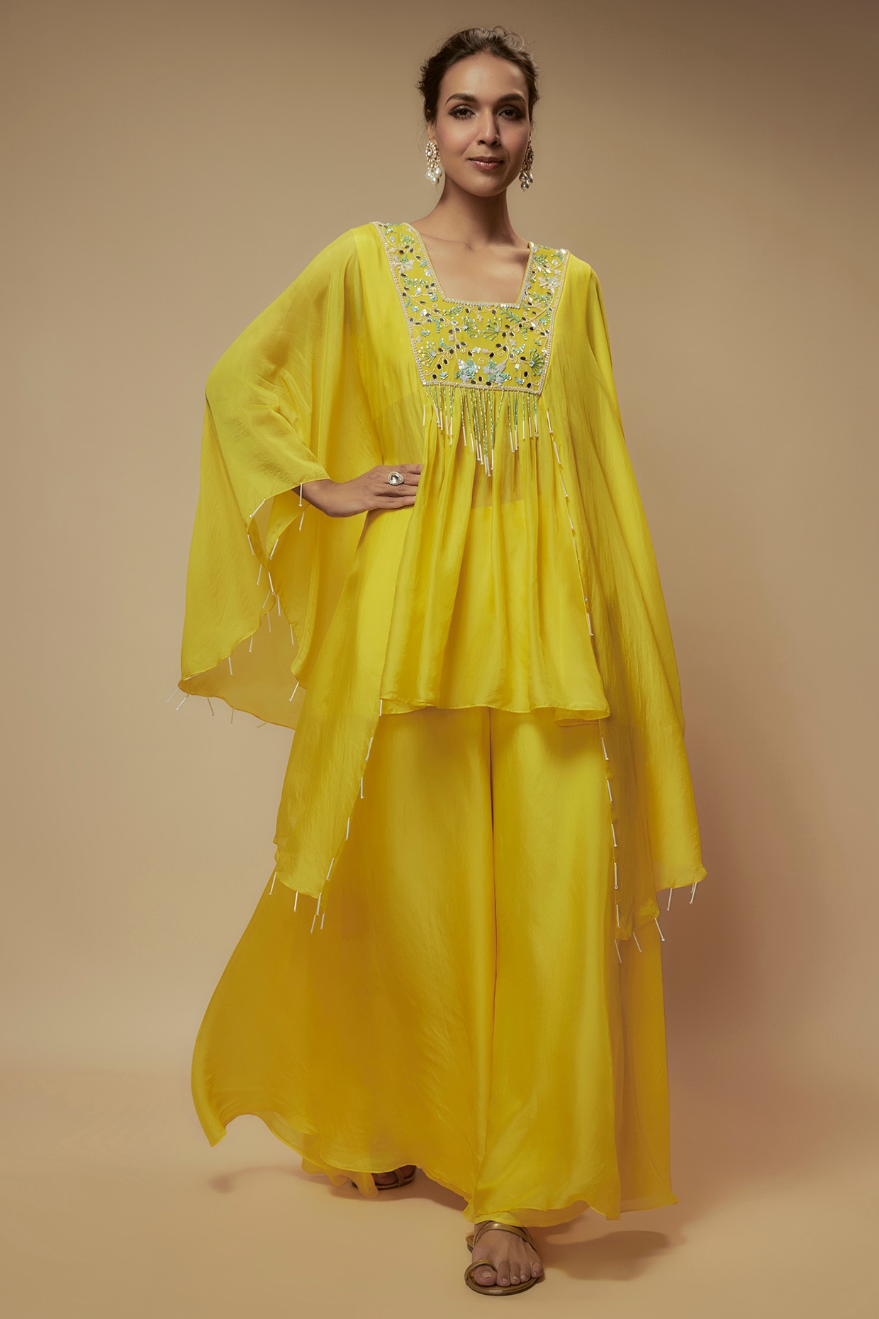 Yellow Silk Organza Cutdana Embroidered Tunic Set by Keith Gomes at ...