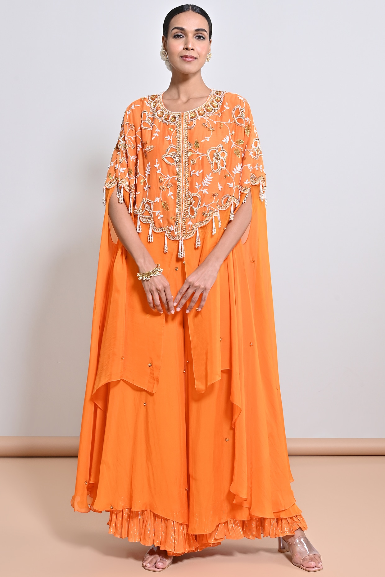 Orange Chanderi Silk & Silk Organza Sequins Hand Embroidered Cape Set ...