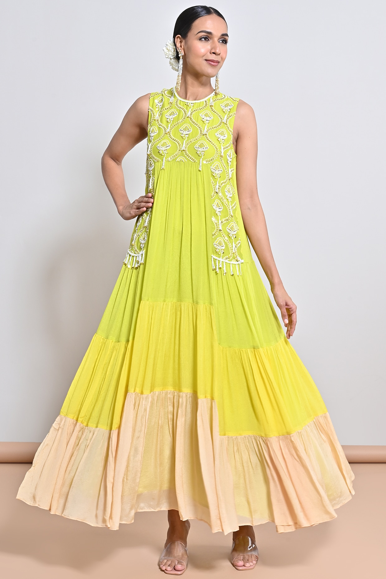 Multi-Colored Chiffon Crepe Hand Embroidered Tiered Dress by Keith ...